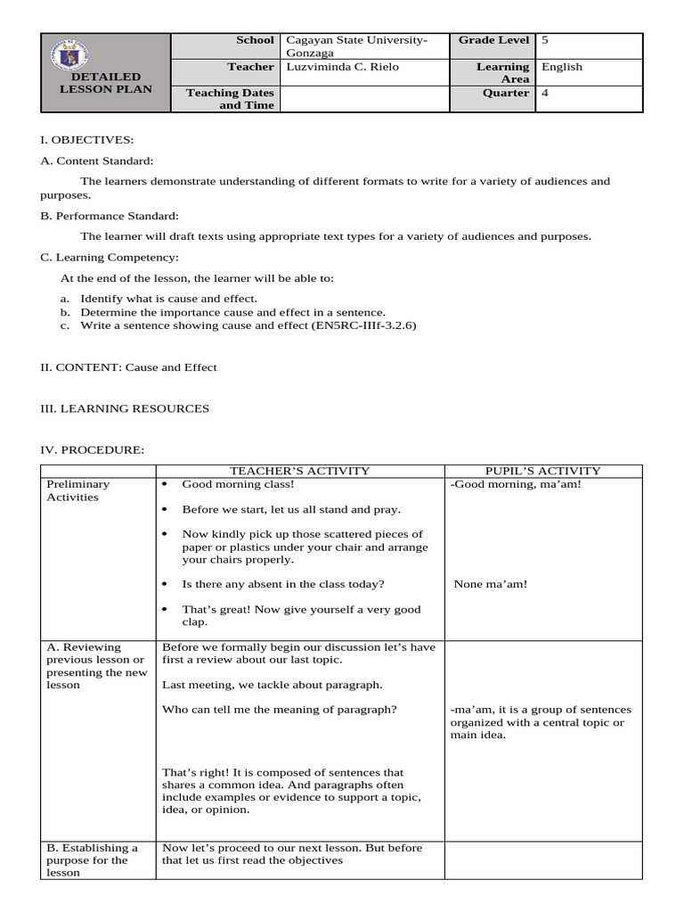 Detailed Lesson Plan in English - Cause and Effect | PDF | Lesson Plan ...