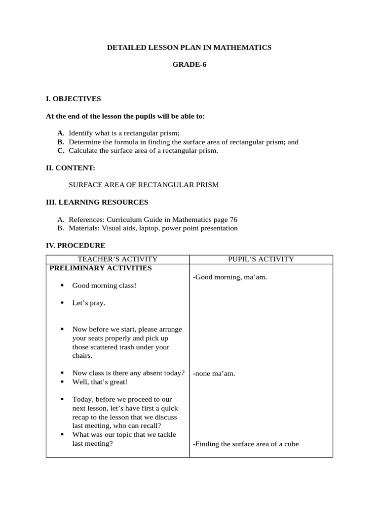 Detailed Lesson Plan in Math 6 - Surface Area of Rectangular Prism ...
