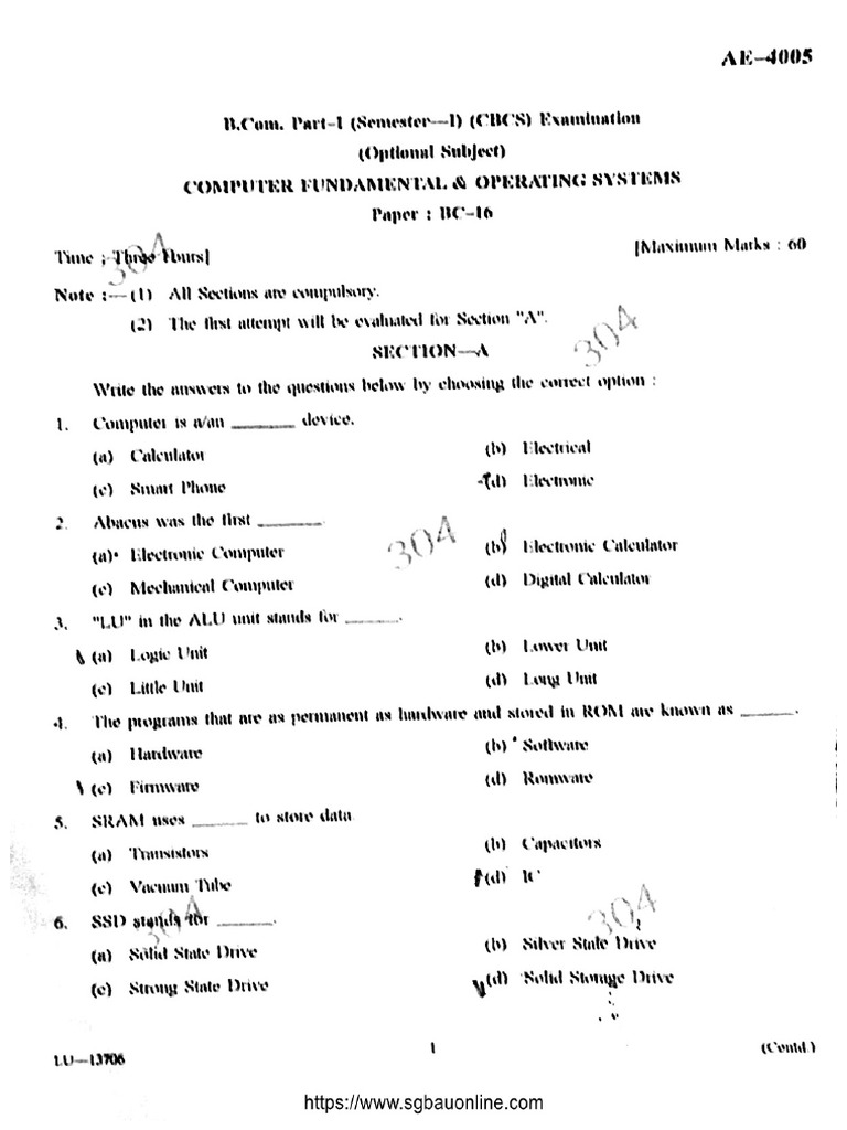 Bcom 1 Sem Computer Fundamental and Operating Systems Ae 4005 2023 | PDF