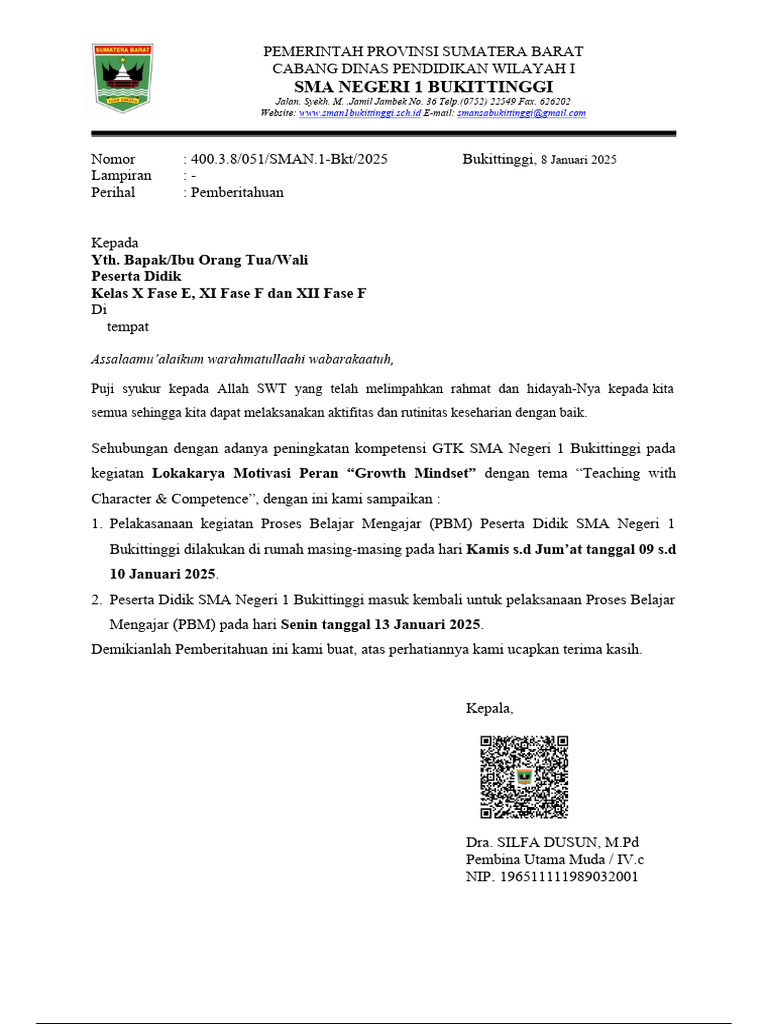 Surat Pemberitahuan Siswa Belajar Dirumah Terkait Kegiatan Lokakarya (2025) | PDF