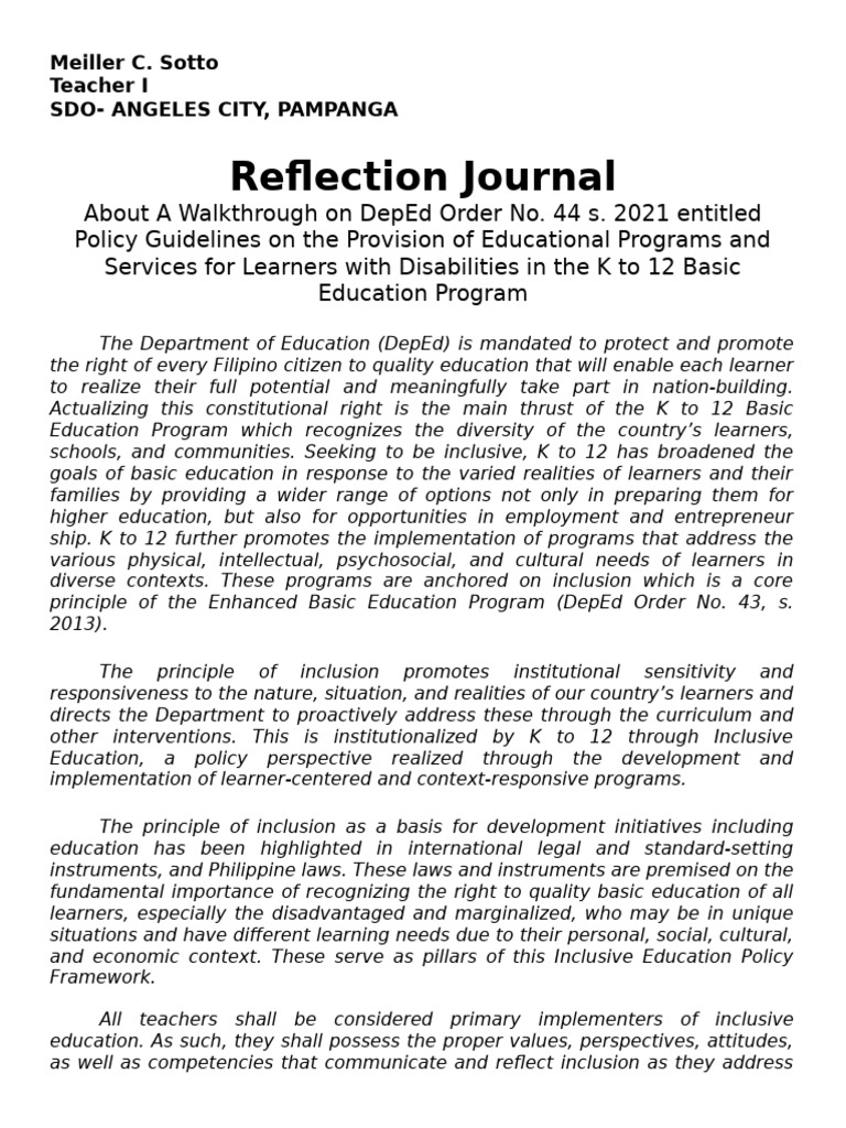 Reflection Journal-A Walkthrough on DepEd Order No. 44 s. 2021 entitled ...