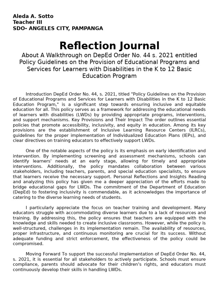 Reflection Journal-A Walkthrough On DepEd Order No. 44 S. 2021 Entitled ...