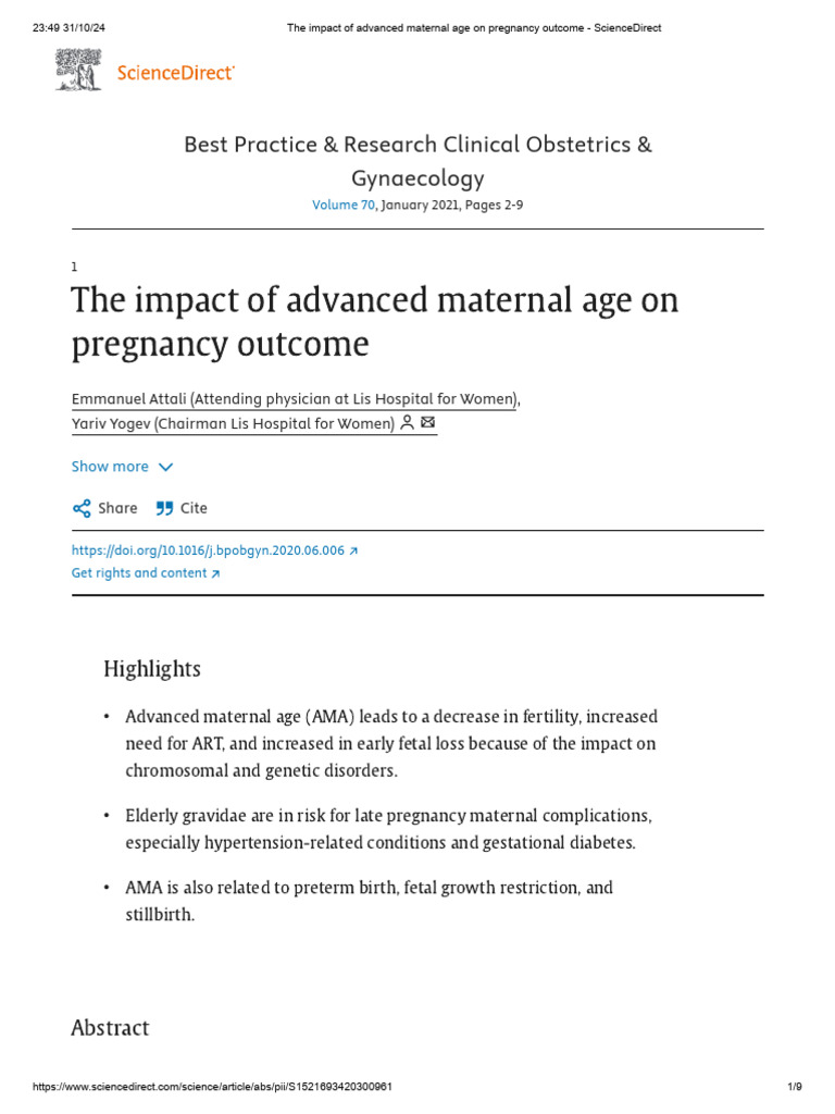 The Impact of Advanced Maternal Age On Pregnancy Outcome ...