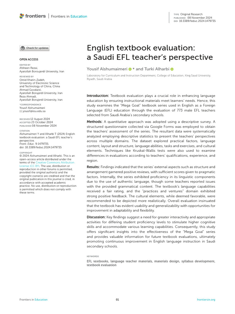 Evaluating Saudi EFL Textbooks: Insights | PDF | Validity (Statistics ...