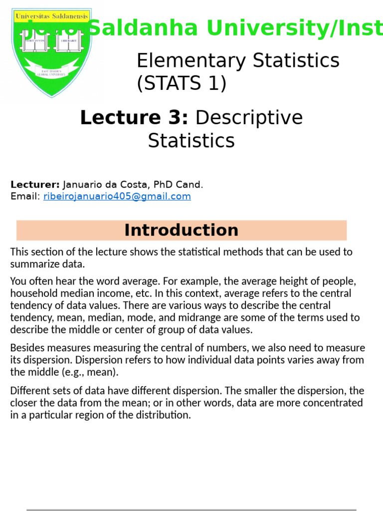 Lecture 3-Descriptive Statistics | PDF | Quartile | Descriptive Statistics