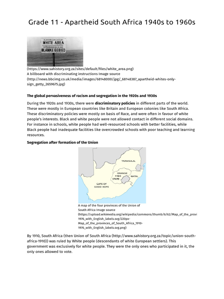 Apartheid in South Africa: 1940-1960 Overview | PDF | Apartheid | South ...
