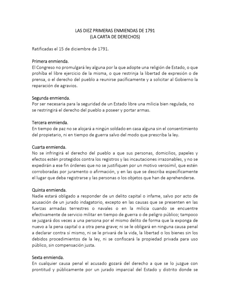 Diez Enmiendas de la Carta de Derechos | PDF | Primera Enmienda a la ...