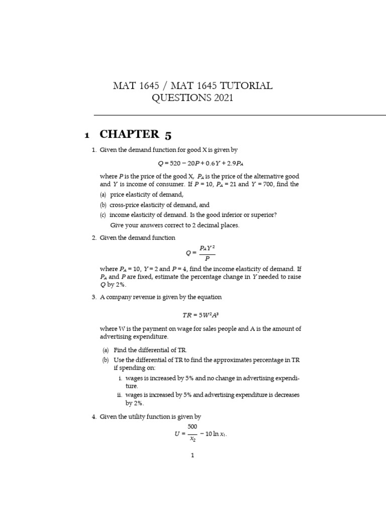 Mat 2023 Tutorial Questions | PDF | Demand | Elasticity (Economics)