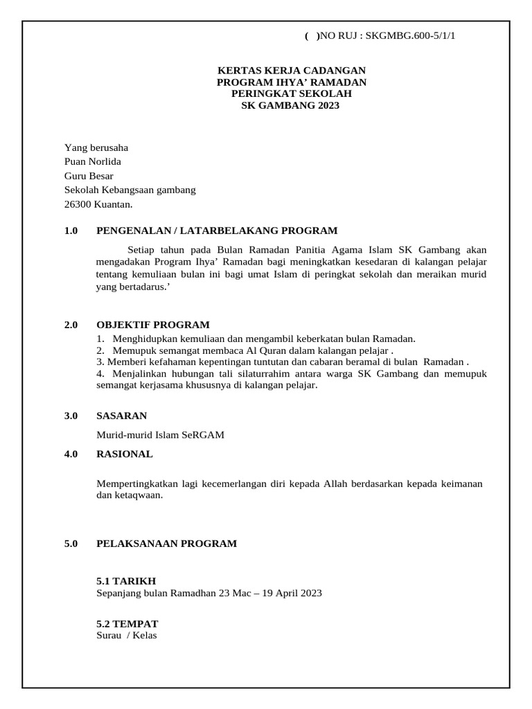 Kertas Kerja Program Ihya' Ramadan 2023 | PDF