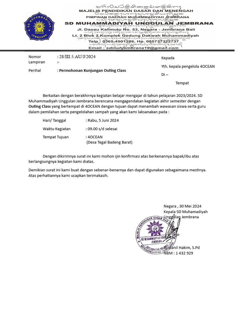 Surat Permohon Kunjungan SD Muhammadiyah Unggulan Jembrana | PDF