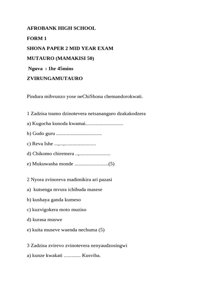Form 1 Shona Mid-Year Exam Paper | PDF