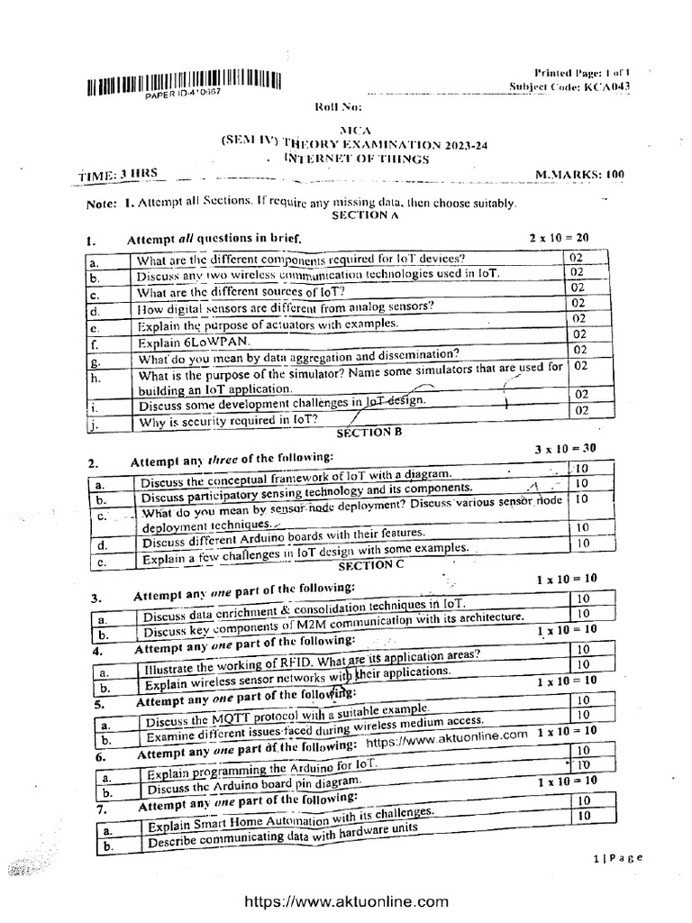 Mca 4 Sem Internet of Things Kca043 2024 | PDF