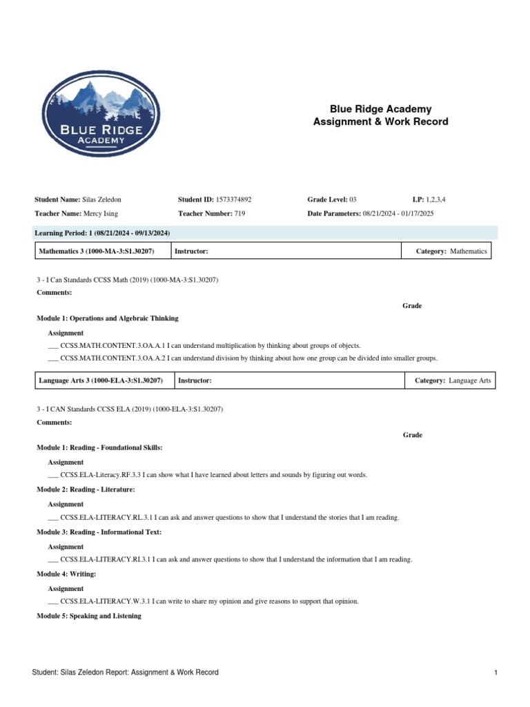 Silas Zeledon 3rd Grade Work Record | PDF | Mathematics | English Studies