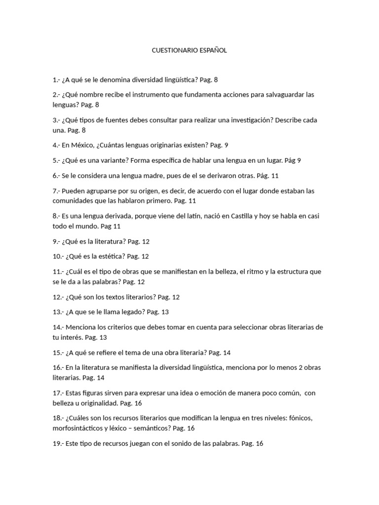 Cuestionario Español | PDF