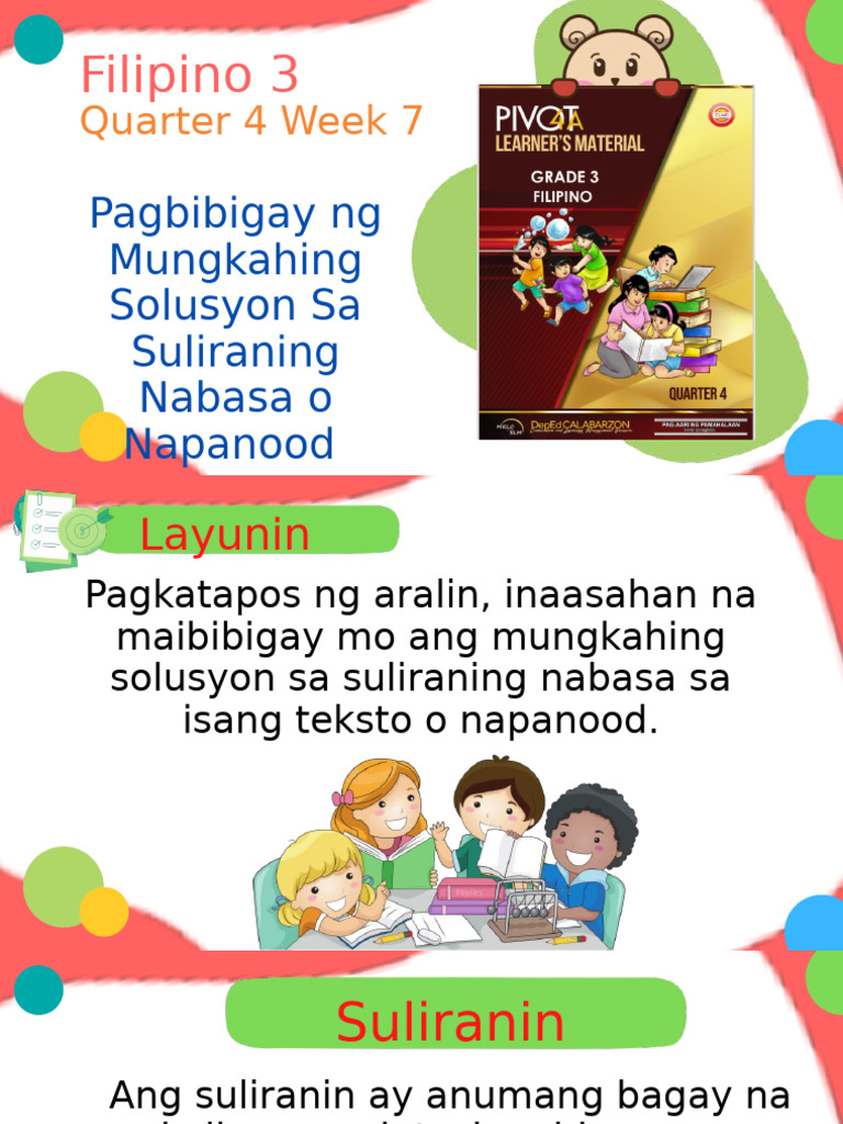 Filipino 3 Week 7 Quarter 4 Pagbibigay NG Mungkahing Solusyon Sa ...