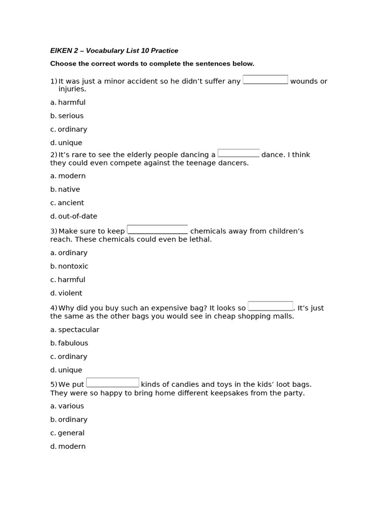 EIKEN 2 - Vocabulary List 10 Practice | PDF