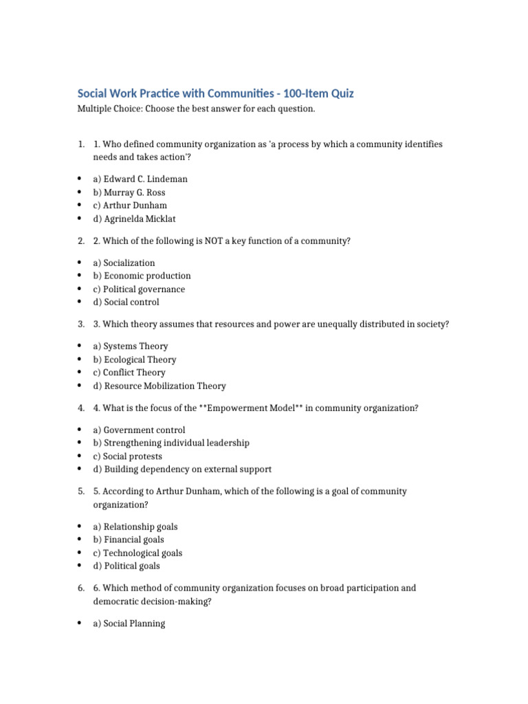 Social Work Quiz Updated | PDF | Leadership | Community