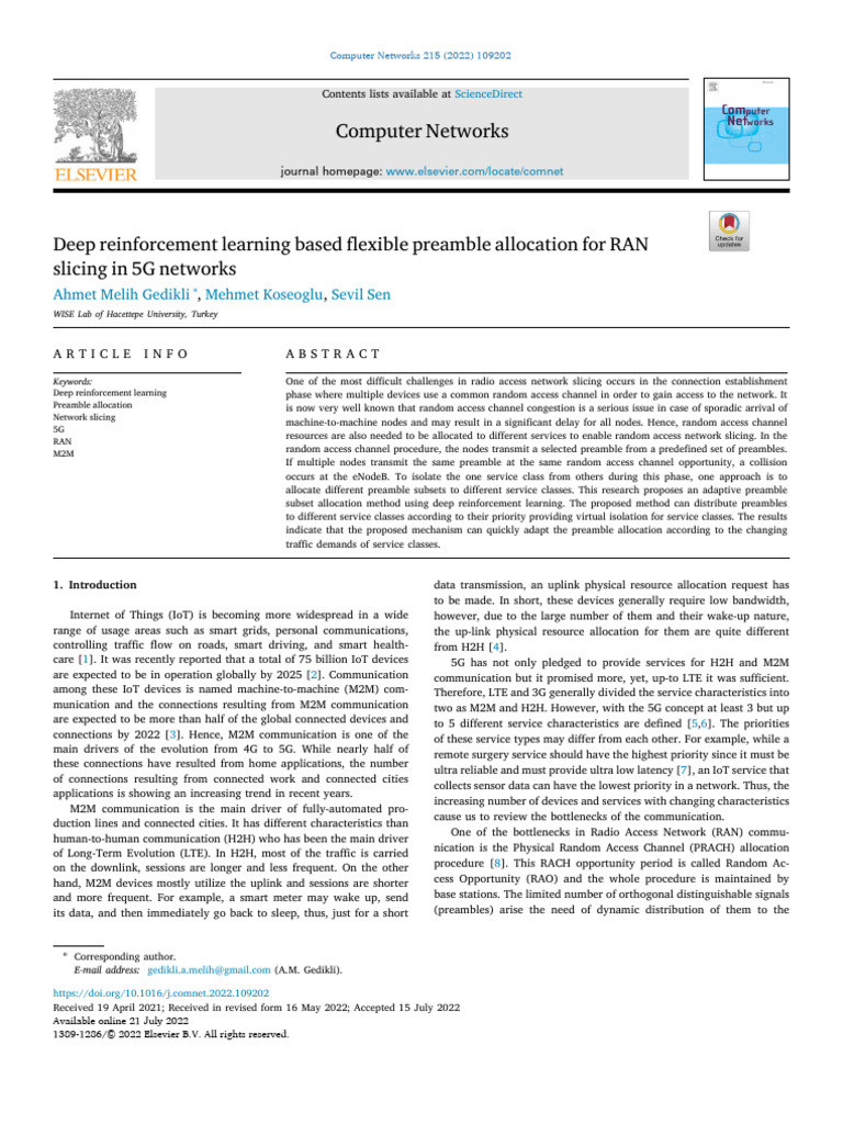 Gedikli et al. - 2022 - Deep reinforcement learning based flexible preambl | PDF | Computer ...