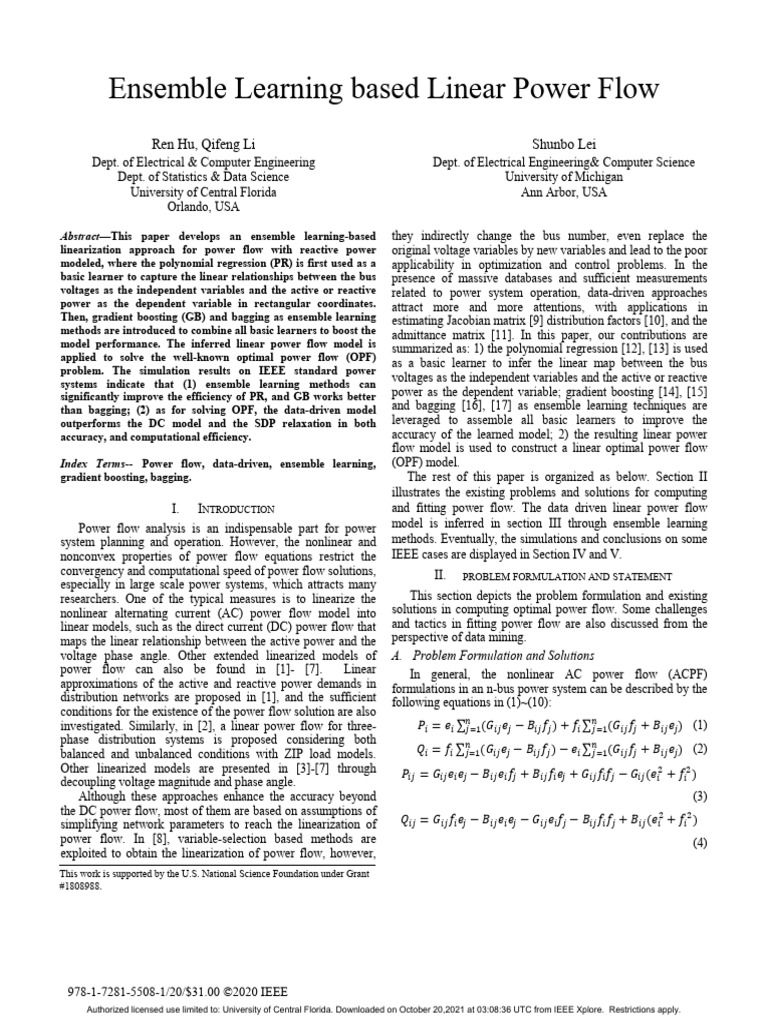 Ensemble Learning Based Linear Power Flow: Ren Hu, Qifeng Li Shunbo Lei ...