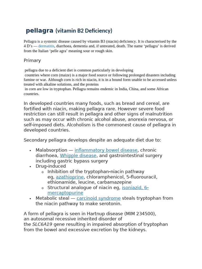 Pellagra | PDF | Nicotinamide Adenine Dinucleotide | Diseases And Disorders