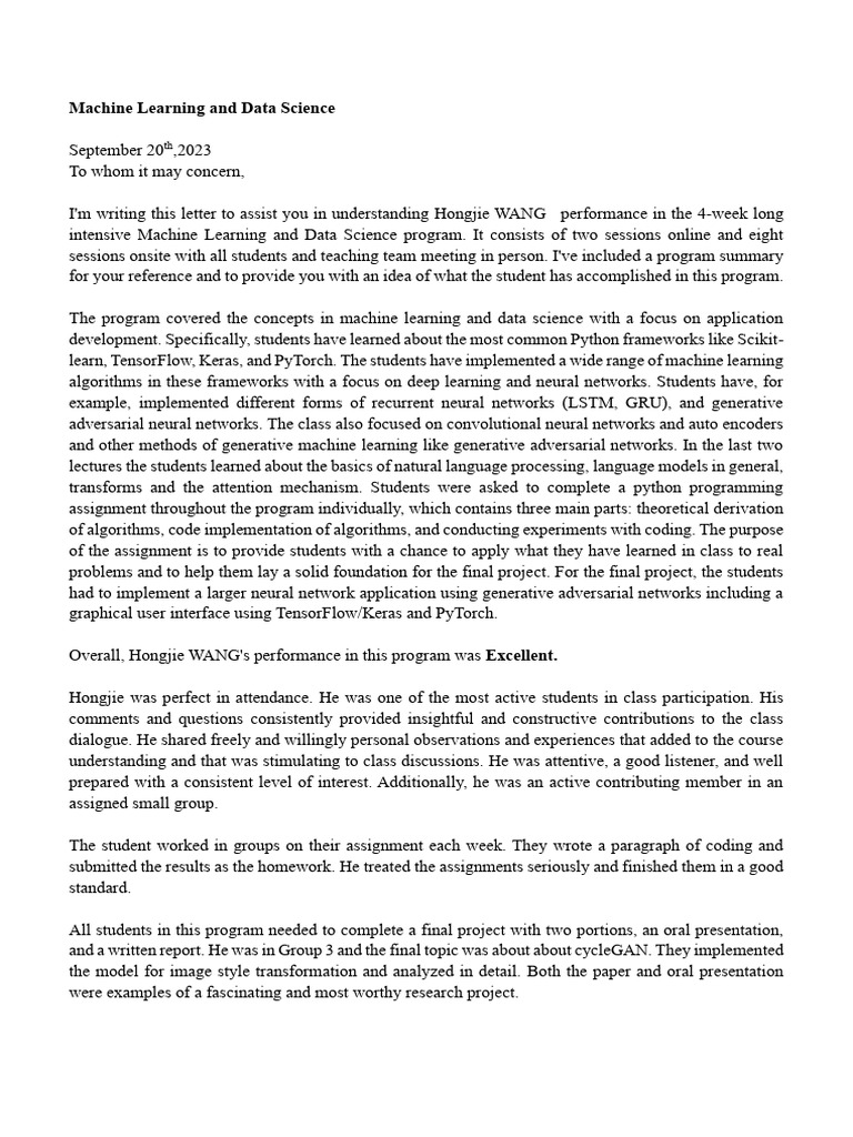 Hongjie WANG Reference Letter | PDF | Machine Learning | Data Science