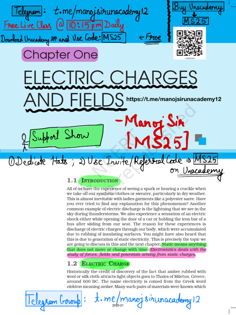 NCERT Highlights CH 1 Electric Charges and Field | PDF | Electric ...