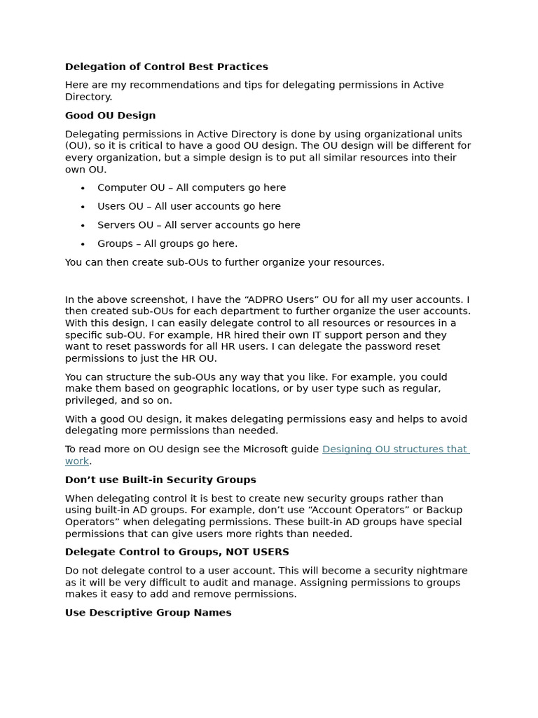 Delegation of Control Best Practices | PDF | Active Directory | Directory (Computing)