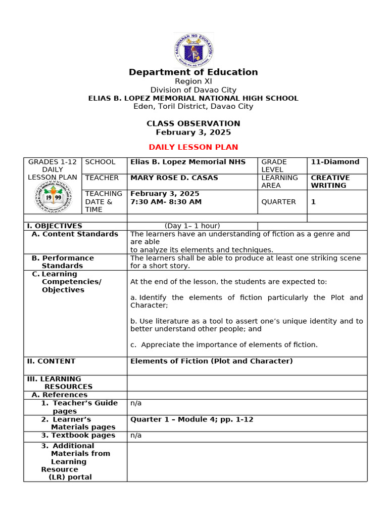 Creative Writing Lesson Plan 2024 | PDF