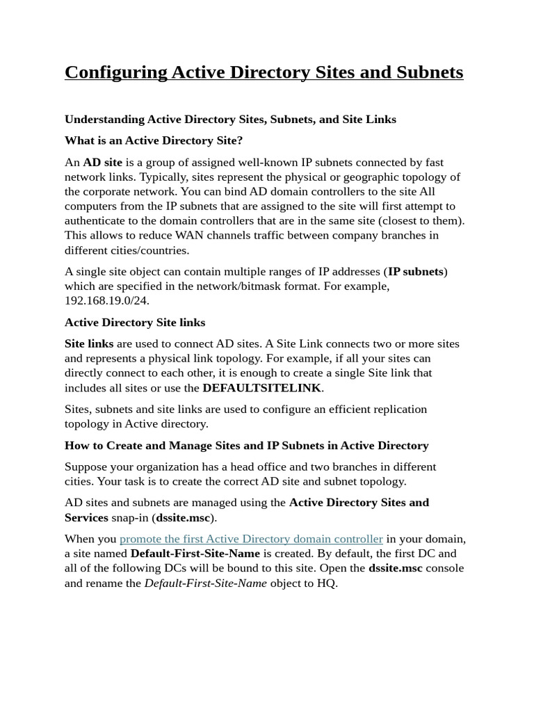 Configuring Active Directory Sites and Subnets | PDF | Active Directory ...