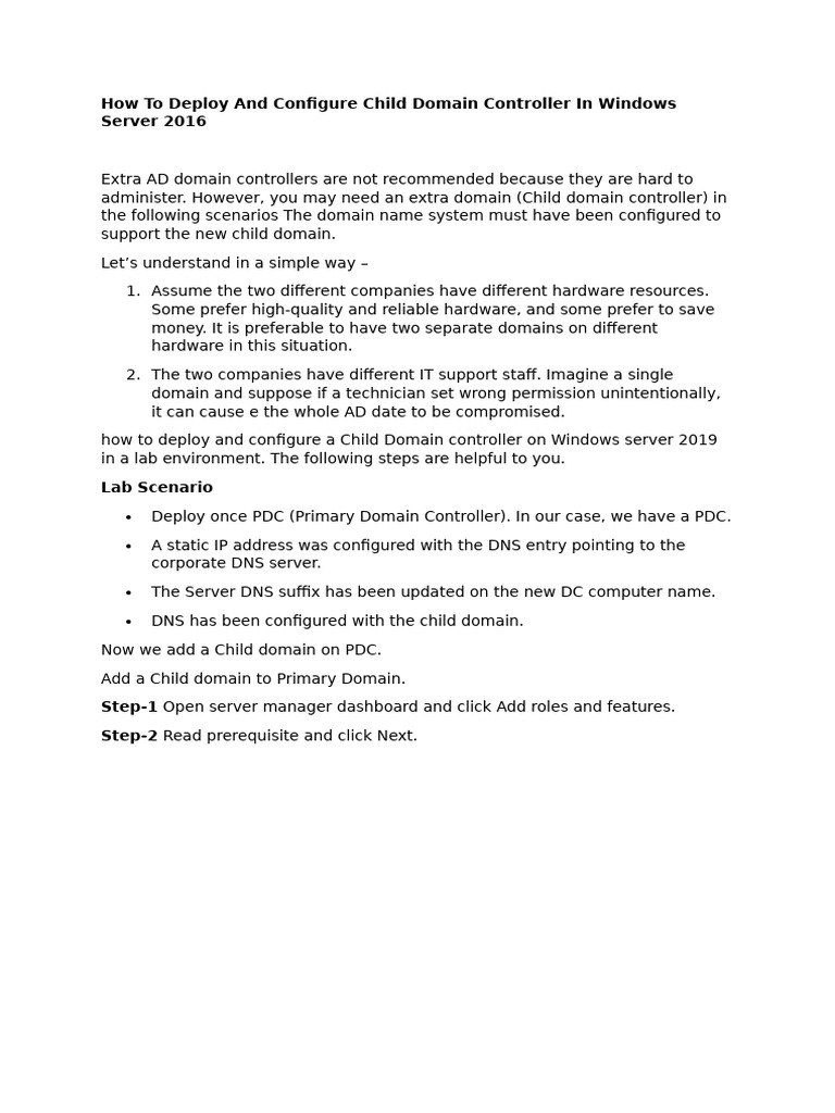 How To Deploy and Configure Child Domain Controller in Windows Server 2016 | PDF | Domain Name ...