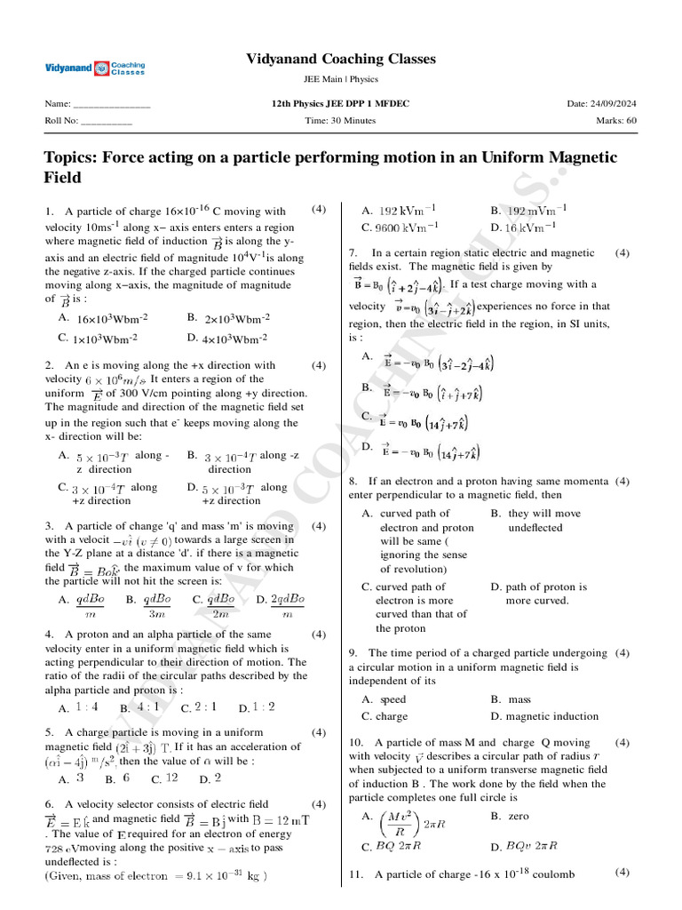 12th Jee Phy DPP 1 Mfdec | PDF | Magnetic Field | Electric Field