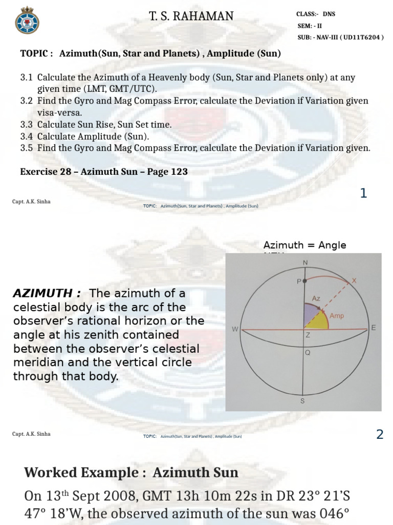 3.1 To 3.5 Azimuth (Sun, Star and Planets), Amplitude (Sun) | PDF | Sunset | Horizon