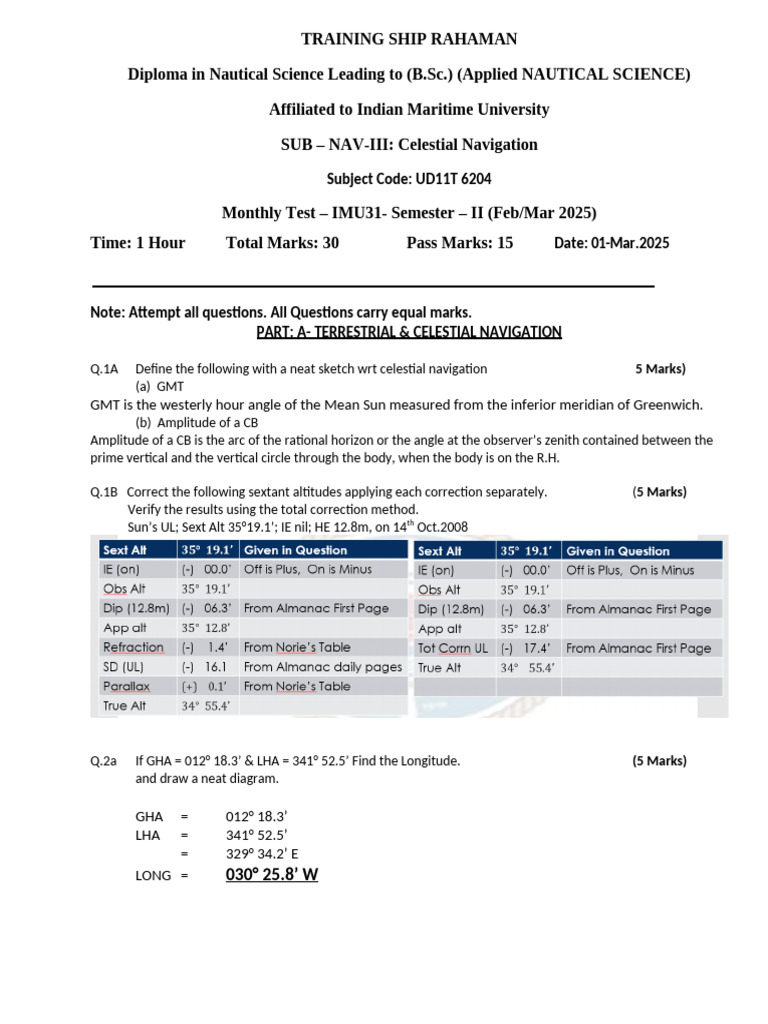 Nav3 Model Answer, Feb'25 Monthly Test, IMU 31 | PDF