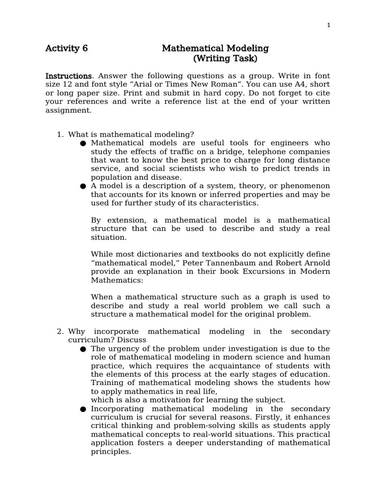 Activity 6 7 For Math 138 Mathematical Modeling | PDF | Critical ...