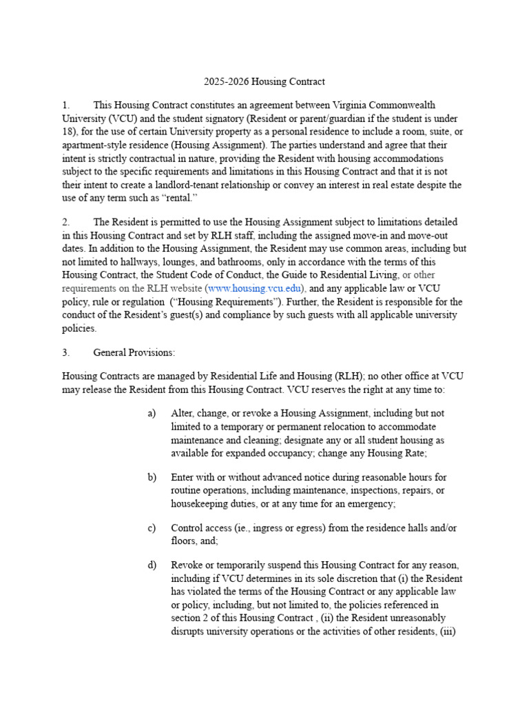 VCU 2025-2026 Housing Contract Details | PDF | Academic Term | Insurance