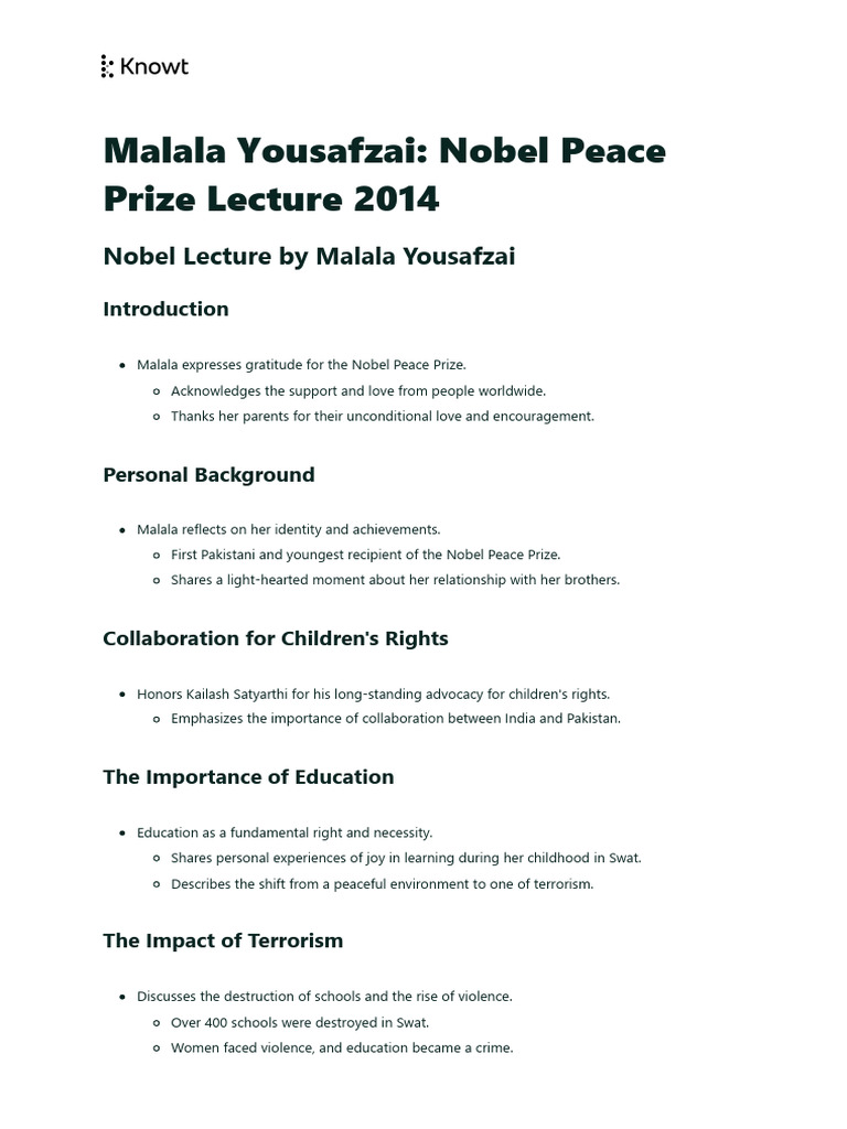 Malala Yousafzai - Nobel Peace Prize Lecture 2014 - Knowt | PDF ...