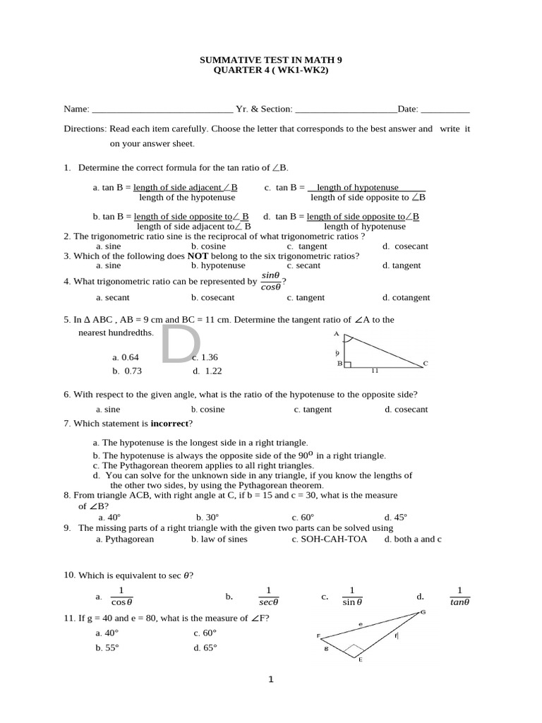 Math 9 Q4 Summative Test Wk1 2 | PDF | Trigonometric Functions ...