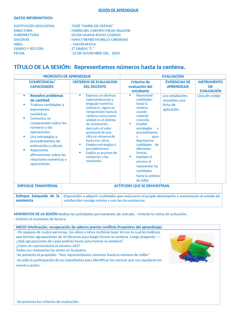 Sesión Matematica Representaciòn Hasta La Centena | PDF | Aprendizaje | Evaluación