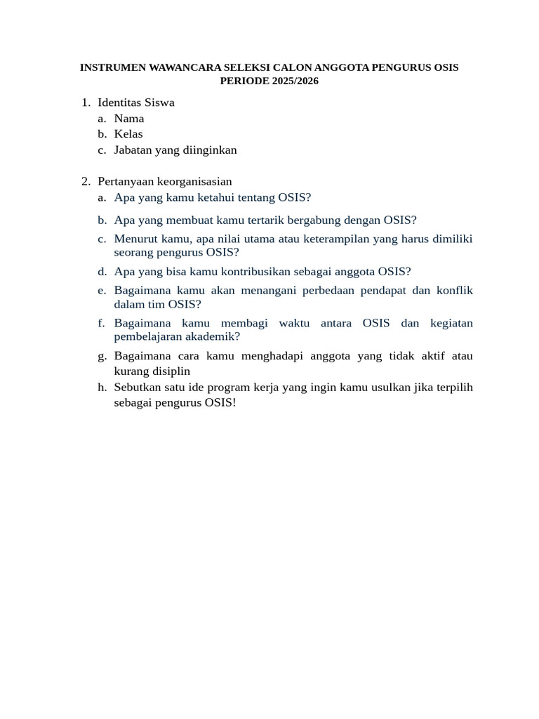 Instrumen Wawancara Seleksi Calon Anggota Pengurus Osis Periode 2025 | PDF