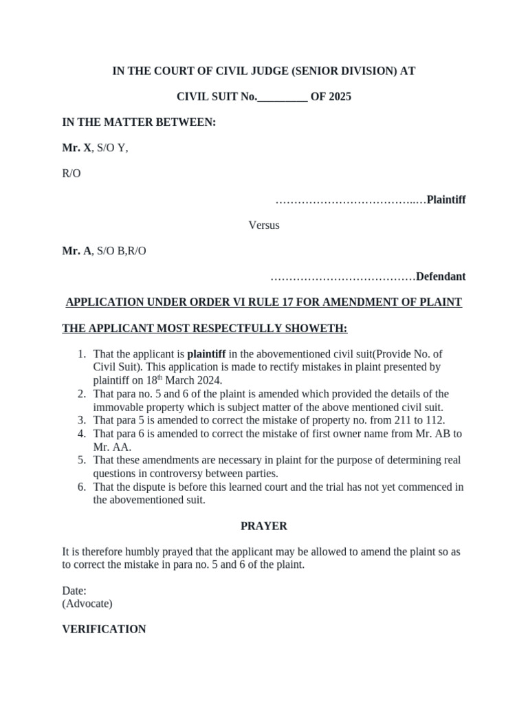 Application Under Order Vi Rule 17 For Amendment of Plaint | PDF
