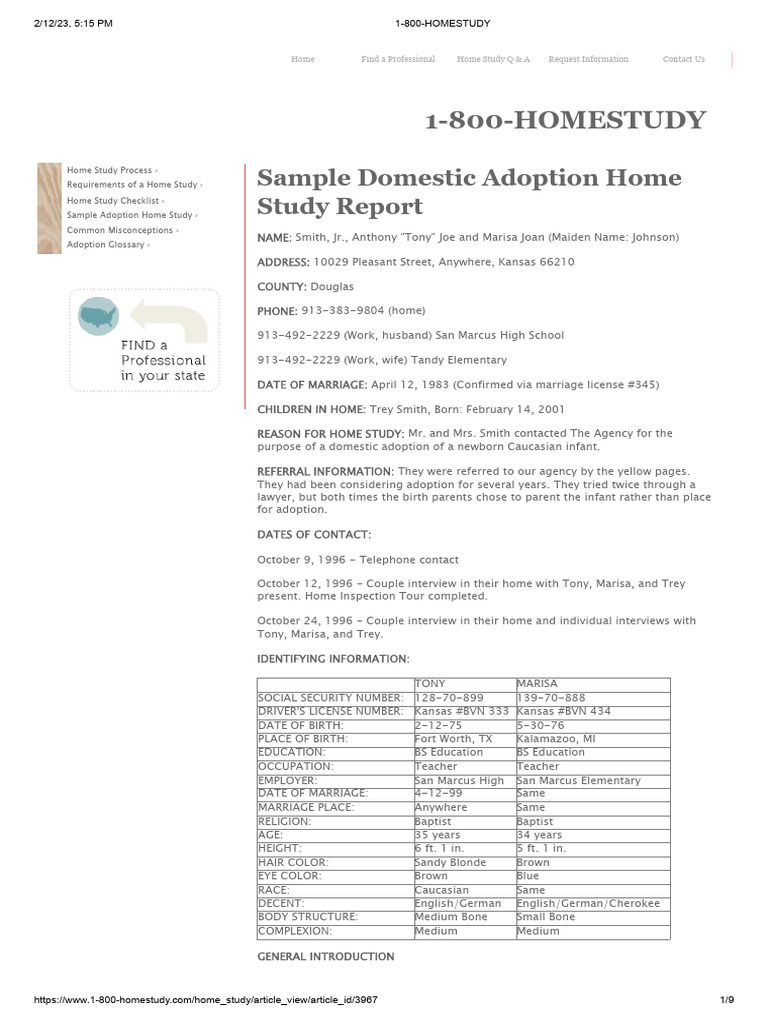 Adoption Home Study Report Sample | PDF | Adoption | Substance Abuse
