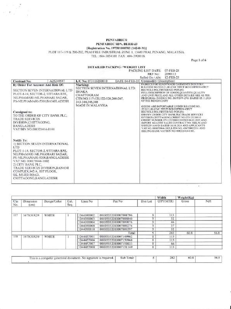 Penfabric Sdn Berhad Packing List | PDF