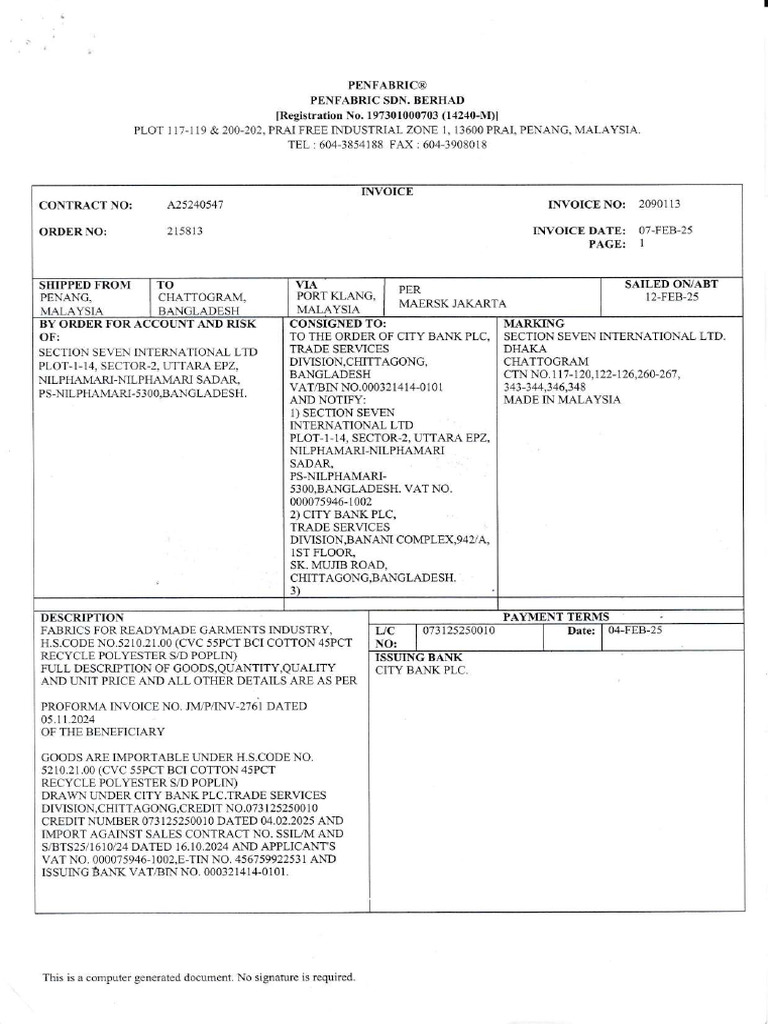 Invoice for Fabric Shipment to Bangladesh | PDF | Business Documents