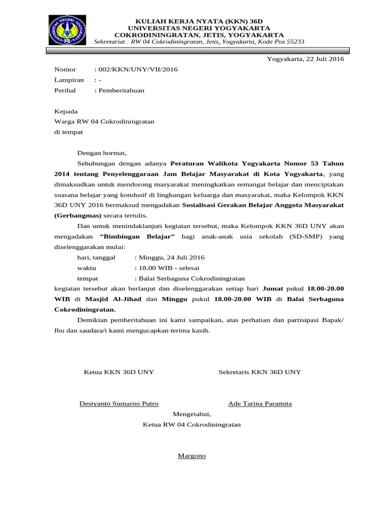 Surat Pemberitahuan JBM-Bimbel | PDF