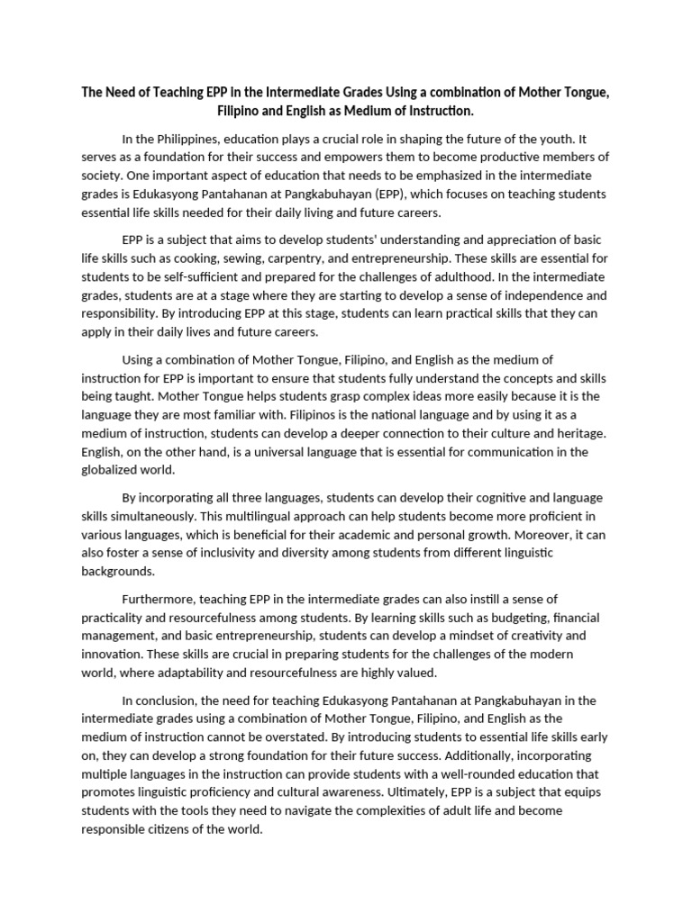 The Need of Teaching EPP in The Intermediate Grades Using A Combination ...