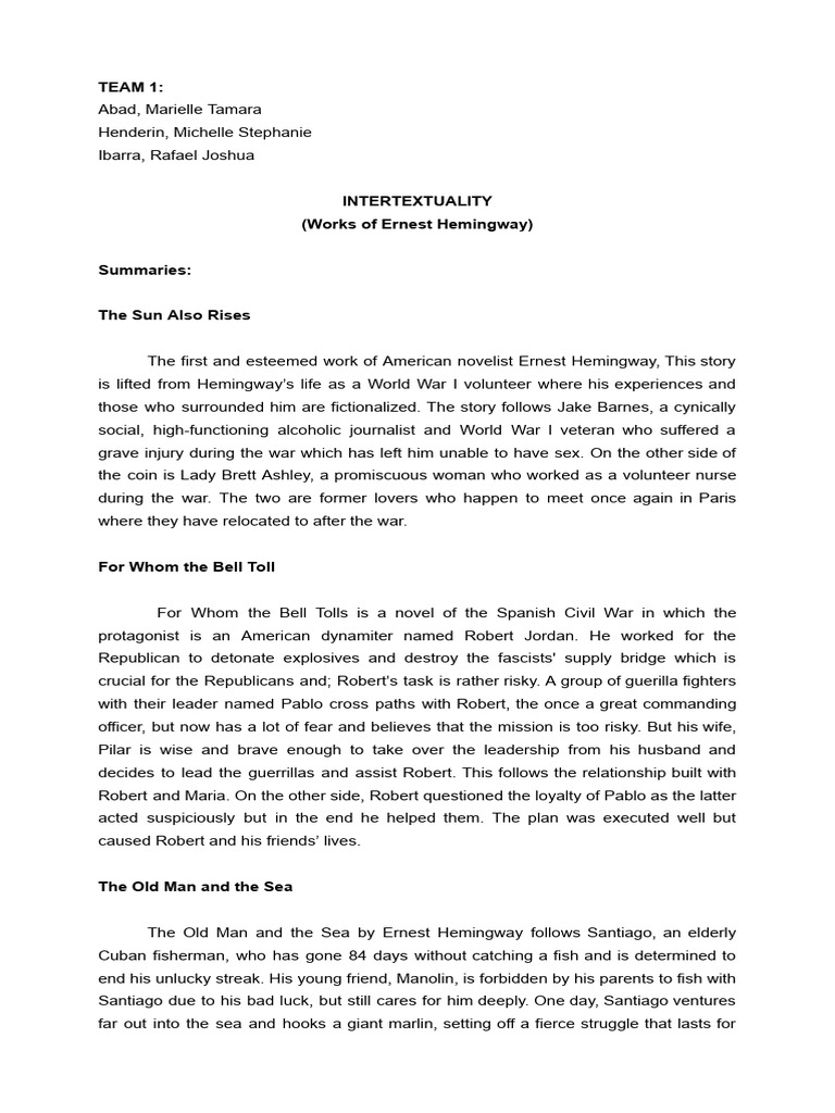 World Literature - Intertextuality (Works of Ernest Hemingway) | PDF