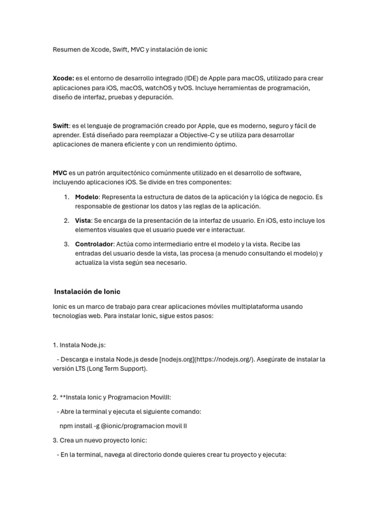 Resumen#2 de Xcode, Swift, MVC y Instalación de Ionic | PDF