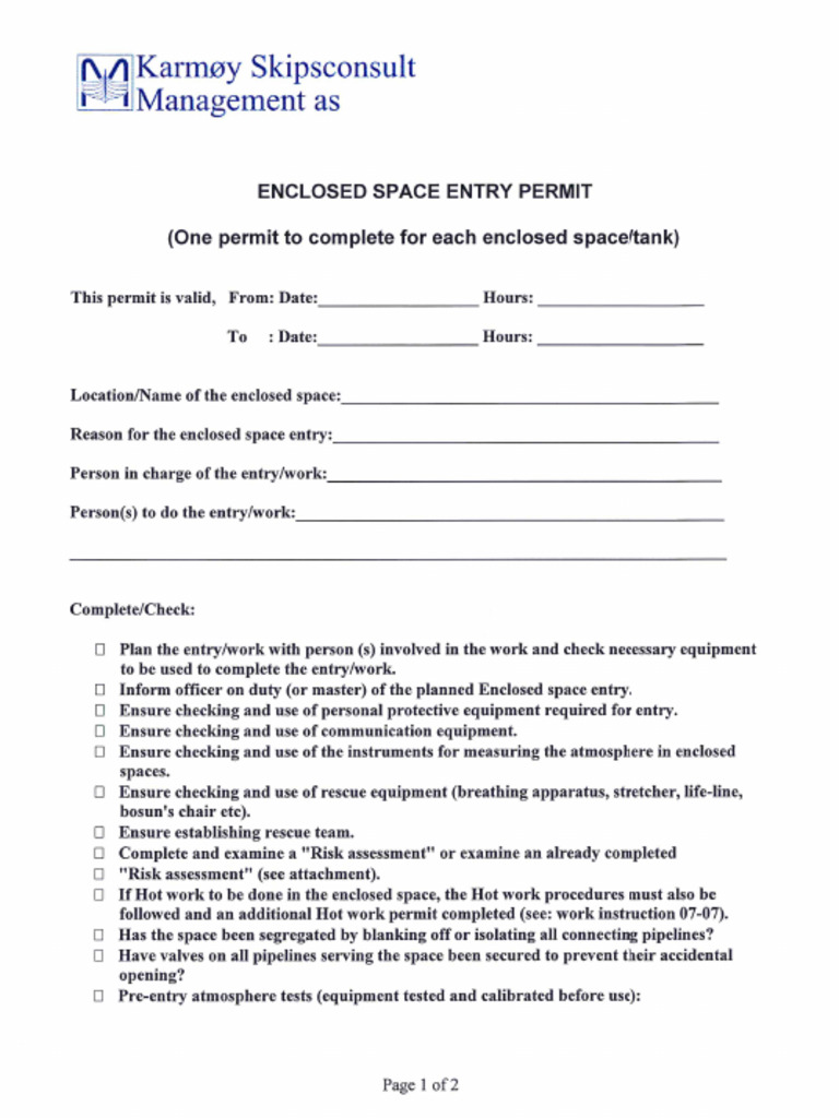 Enclosed Space Entry Permit (Checklist) | PDF