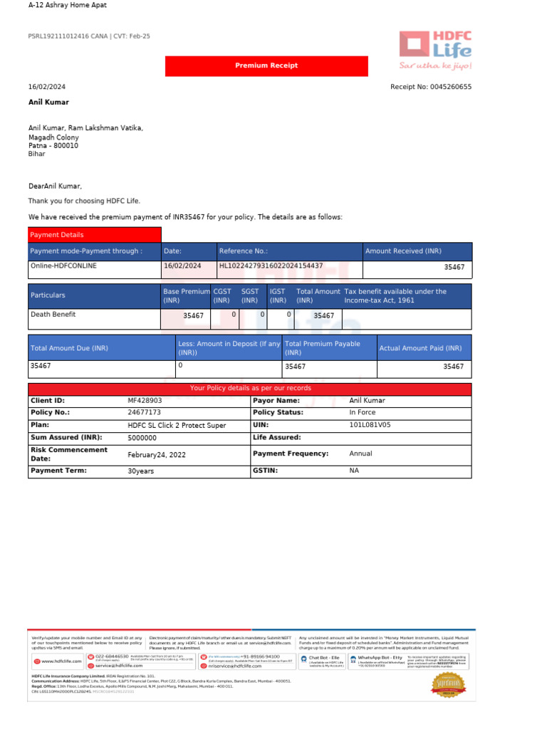 Premium Receipt 24677173 | PDF | Life Insurance | Insurance