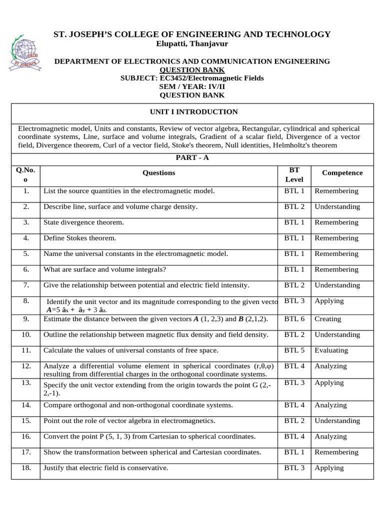 EC3452 Question Bank Edited | PDF | Magnetic Field | Capacitor